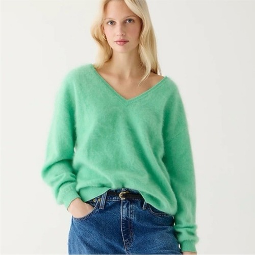 J Crew Grass Green Soft Brushed Cashmere Relaxed V Neck Sweater L | eBay