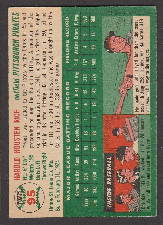 1954 TOPPS BASEBALL # 95 HAL RICE INV J2826 | eBay