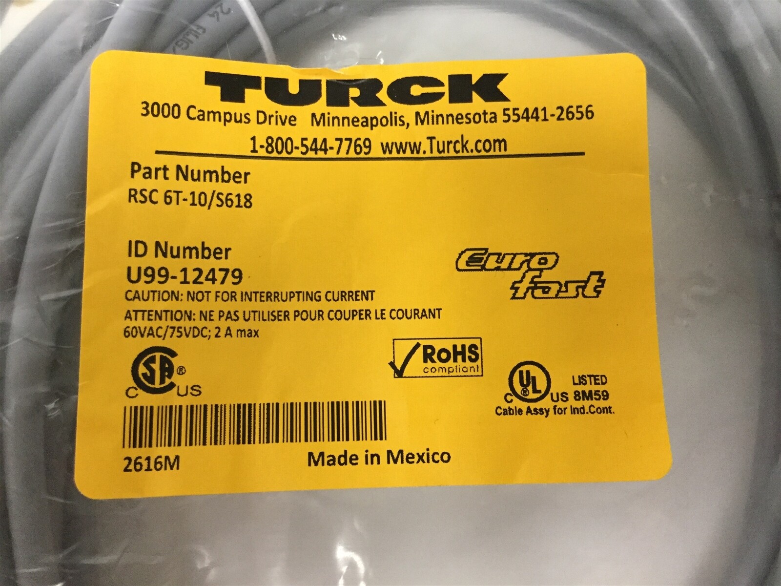 New Turck RSC 6T-10/S618 Cordset, M12 Male 6-Pin Connector to Flying ...