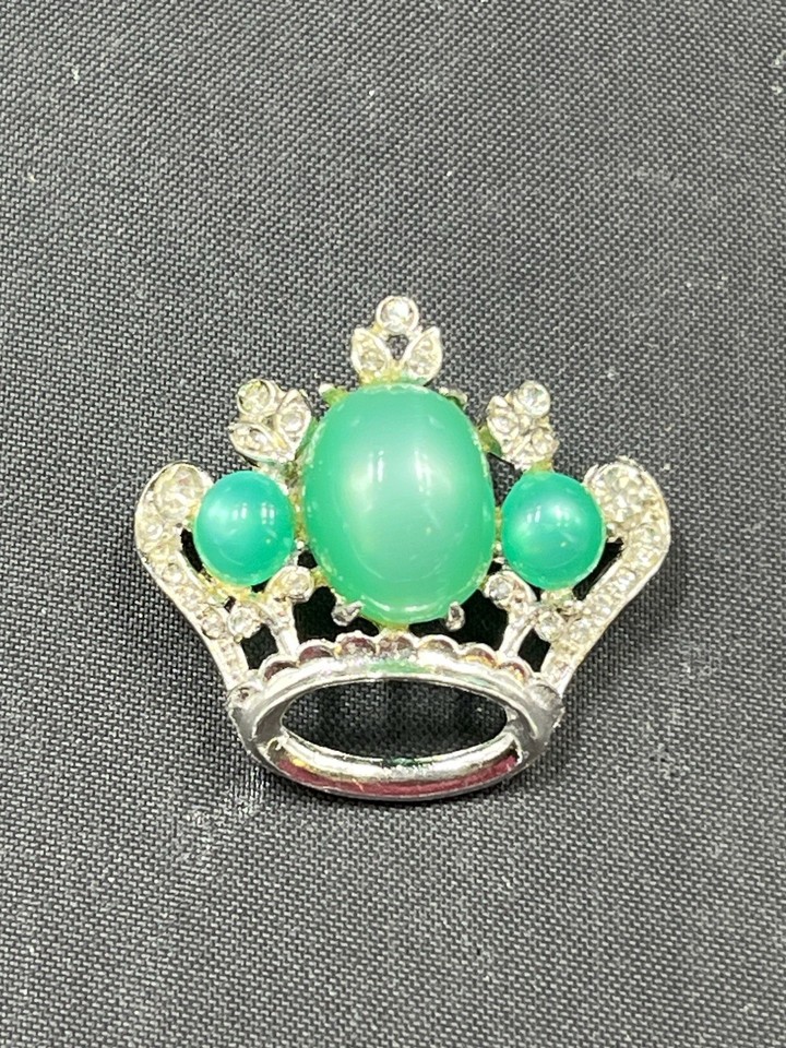 Vtg Coro Signed Silver Tone Rhinestones & Green Moon Glow Lucite Crown ...