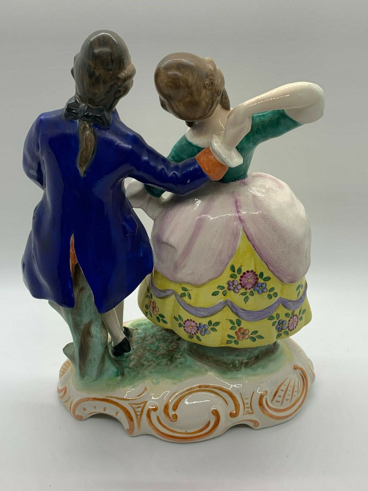 Antique Woman Man Dancing Figurine Early Glazed Porcelain Blue Yellow ...