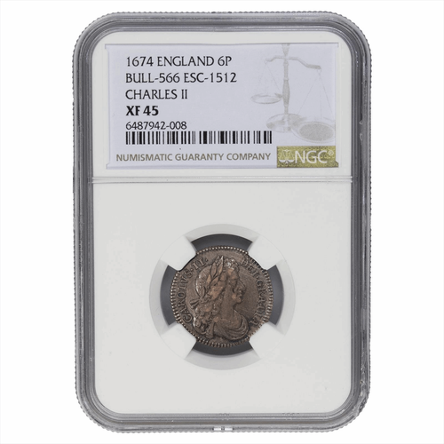 1674 England Six Pence 6P Bull-566 ESC-1512 Charles II NGC XF45 | eBay