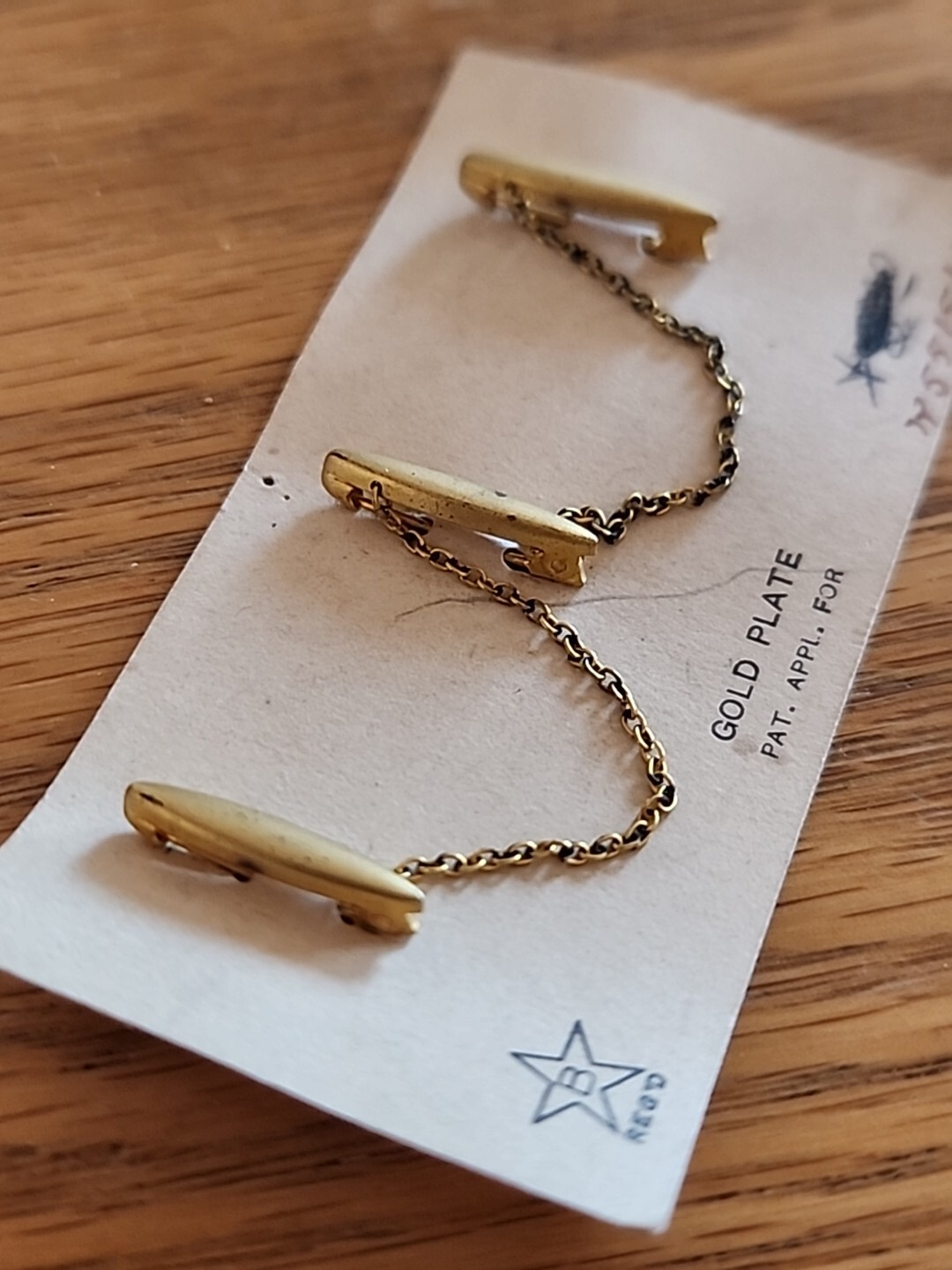 Vintage Victorian 3 Chained Baby Bib Pins on Original Card Brushed Gold ...