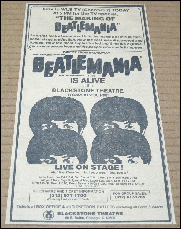 1978 Beatlemania Print Ad Clipping Stage Play Advertisement 4.75"x10 ...