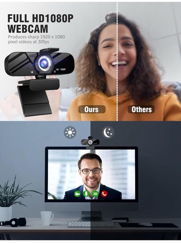 Full HD Webcam with Built-in Microphone and Rotatable Tripod, 1080P ...