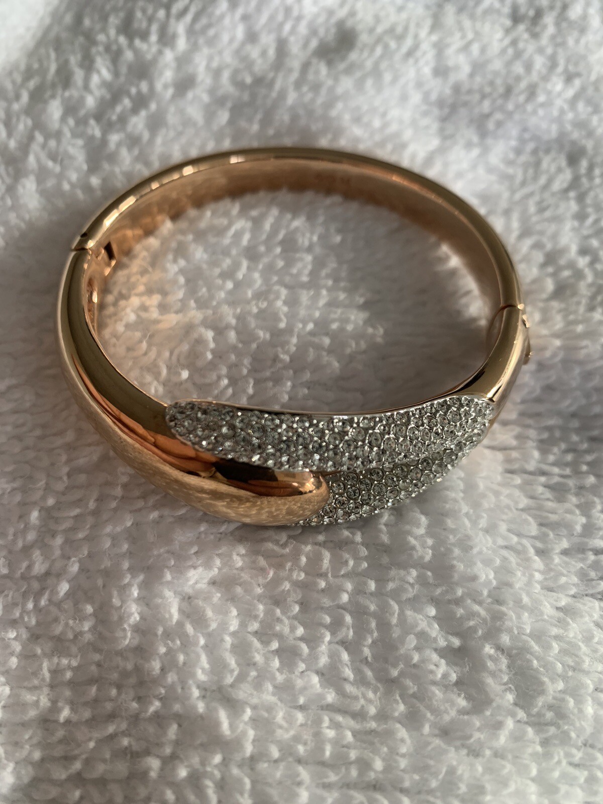 Swarovski Signed Swan M Logo 23k Gold plated Crystal Hinged Bangle | eBay