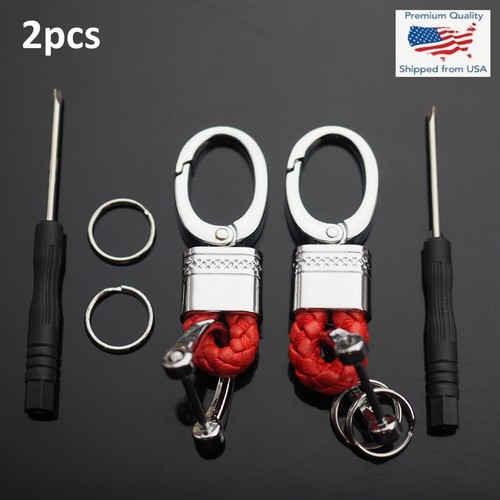 2pcs Red & Silver Woven Leather Fob D-Ring Keychain Key Split Rings ...