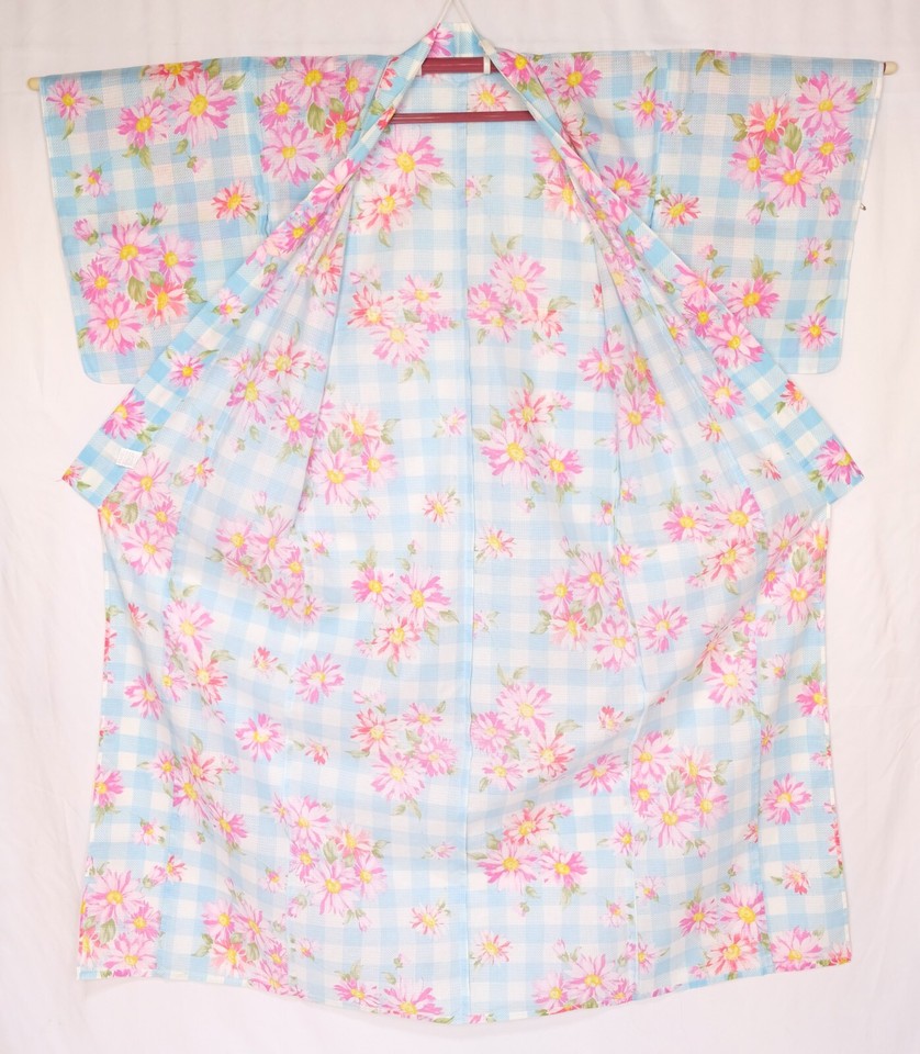 Vintage Pink Floral Pattern Yukata Summer Kimono Modern Light Blue ...
