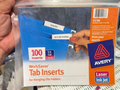AVERY 11136 WORKSAVER 1/5 Cut PRINTABLE HANGING FILE TAB 100 INSERTS(2D ...