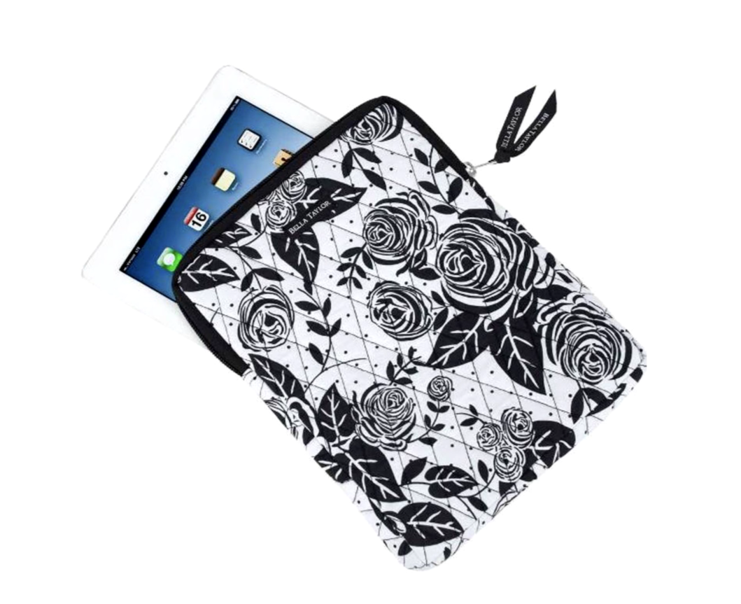 ROSE POP BLACK WHITE FABRIC QUILTED TABLET CASE ~ BELLA TAYLOR 8x1x10 ...