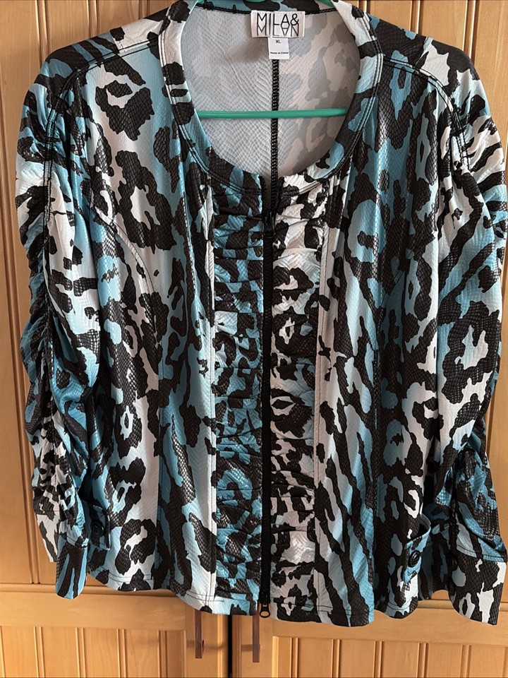Animal Print Aqua Zip-Up Jacket - Mila & Milan size XL Polyester ...