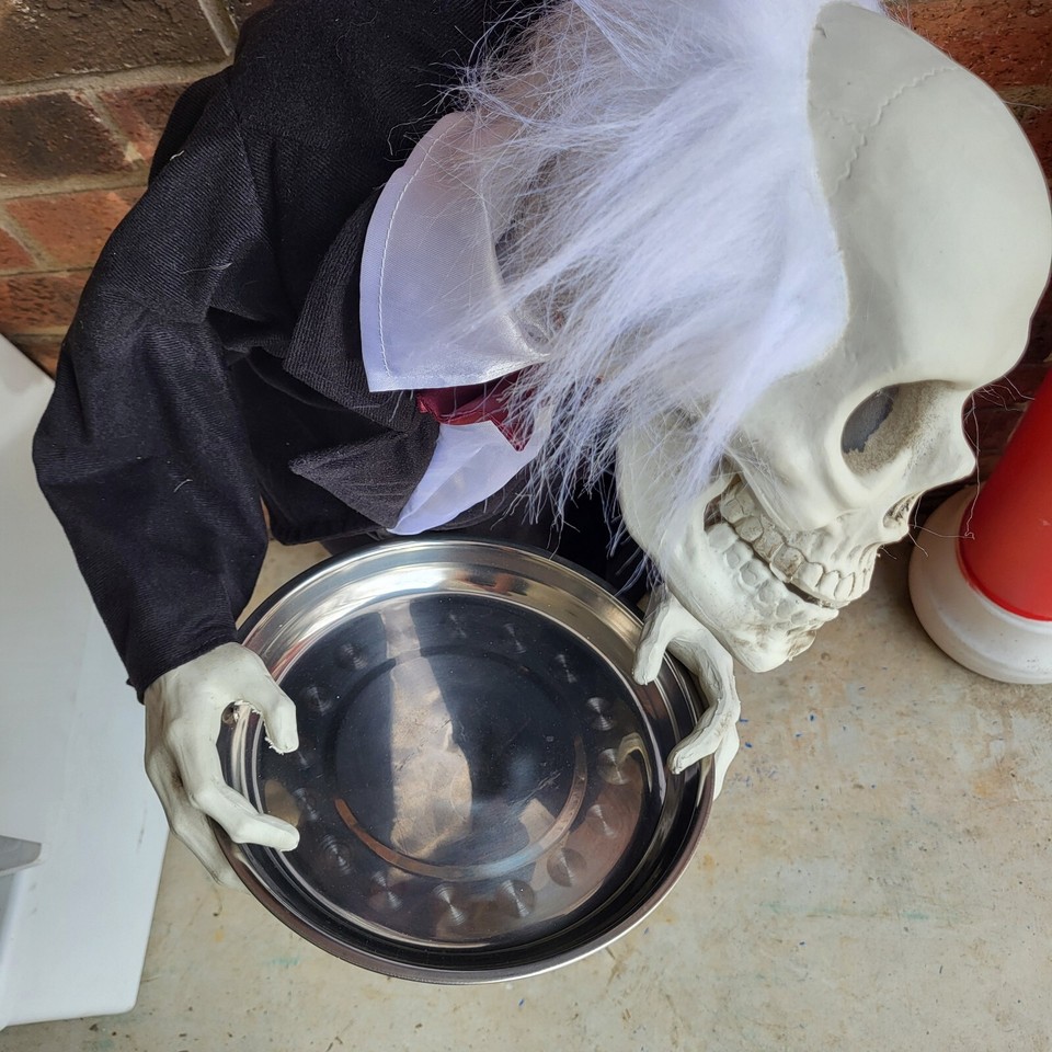 Spooky Village Animated Halloween 3' Skeleton Butler Bobble Head Candy ...