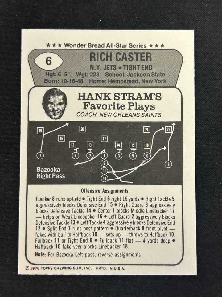 RICH CASTER 1975 Topps Wonder Bread All Star Series #6 NEW YORK JETS | eBay