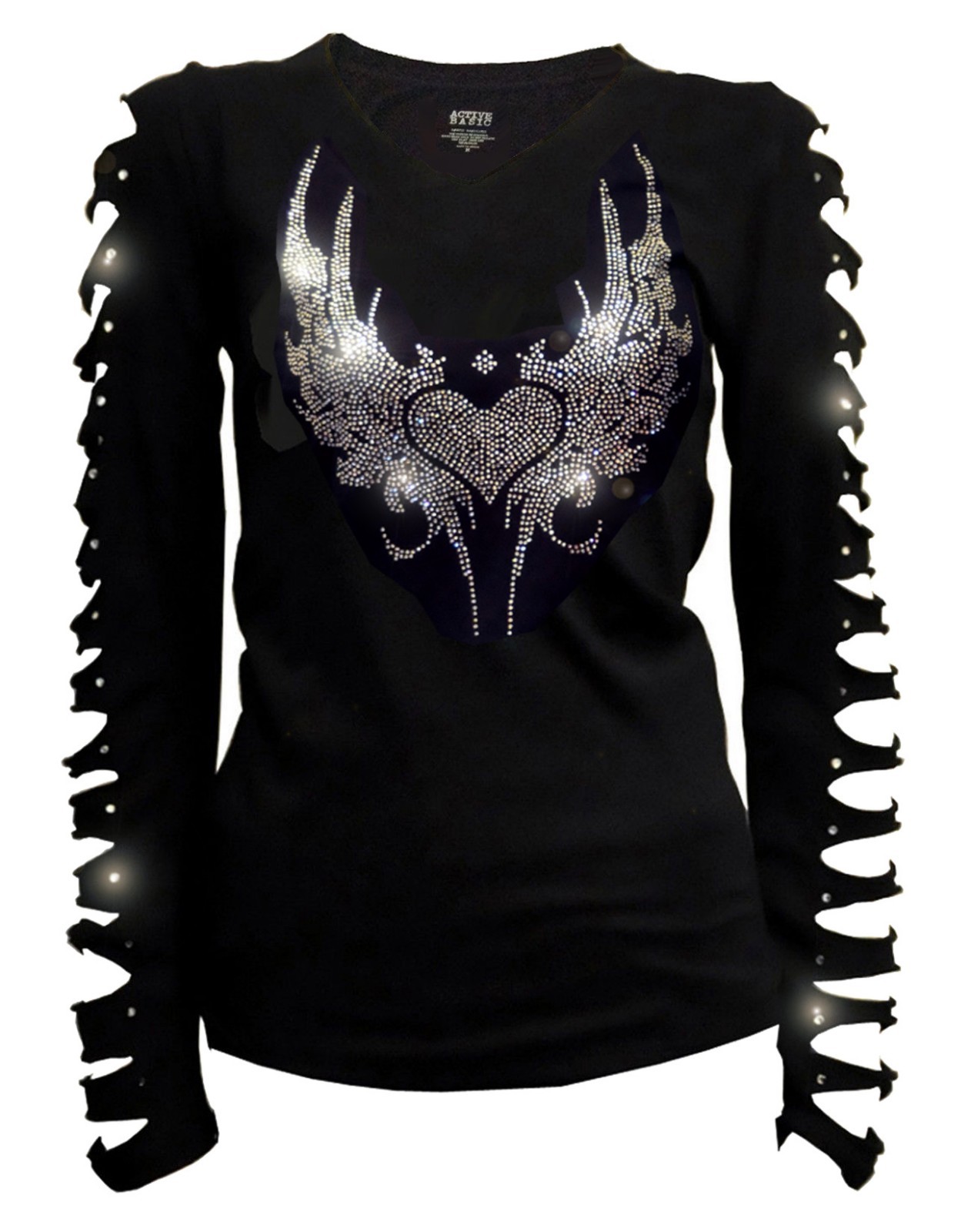 Bling Bling Angel Wings,Hearts Rhinestone Shirt Ripped Slit Cut Out T ...