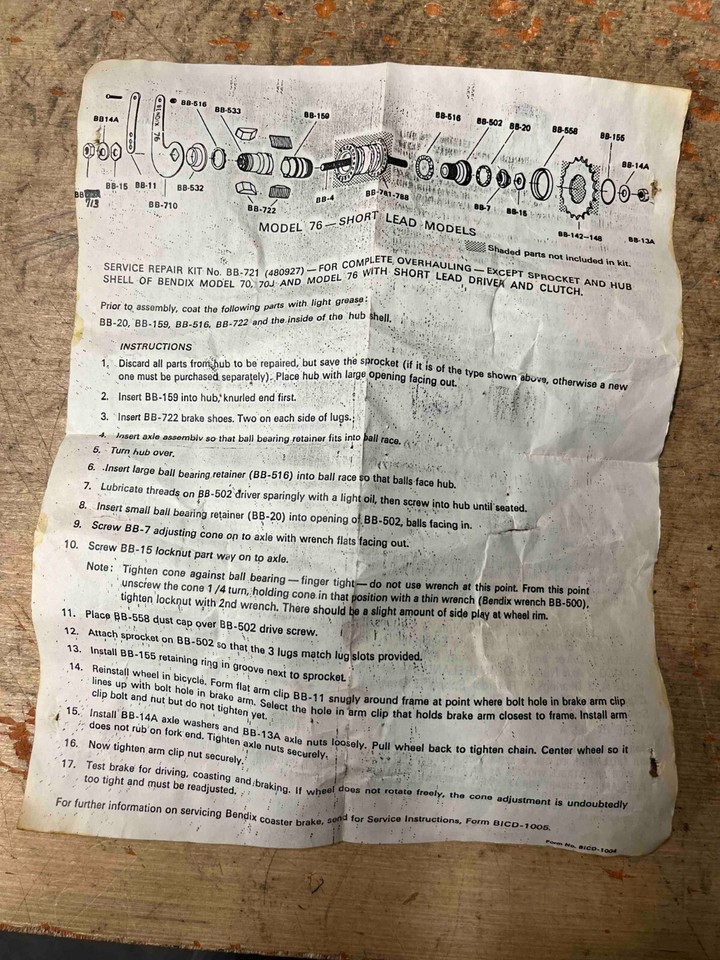 Bendix 70 70J & 76 Bicycle Coaster Brake Hub Parts Kit NOS Schwinn | eBay