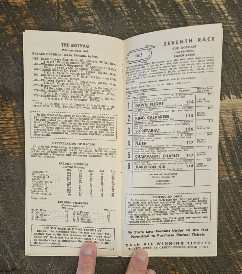 1973 Secretariat Horse Racing Program - Gotham Stakes at Aqueduct, Very ...
