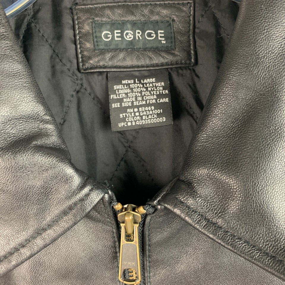 George Jacket Black Leather Collared Zip Pockets Quilt Lined Size L | eBay