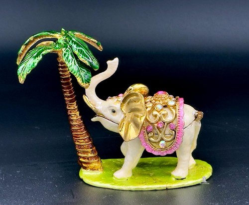 Jeweled Elephant Palm Tree Trinket Box Enamel Hinged Collectible Safari ...