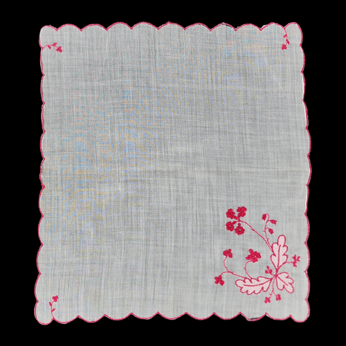 Vintage Hot Pink Floral Linen Handkerchief Embroidered Design Scalloped ...