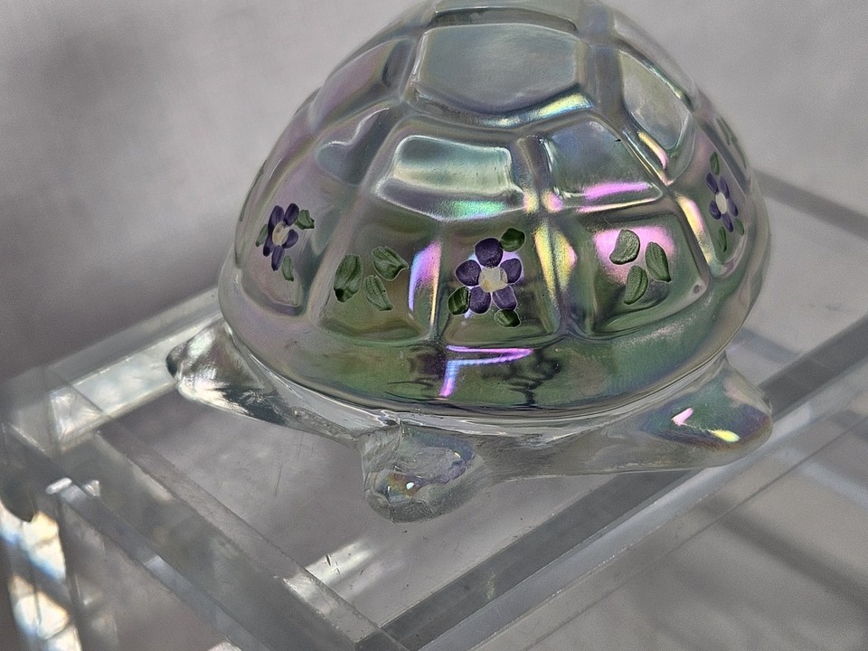 Fenton Iridescent Carnival Glass Turtle Hand Painted Floral Signed ...