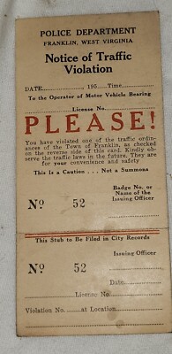 Rare Vintage Unused Police Traffic Violation Ticket Franklin West ...