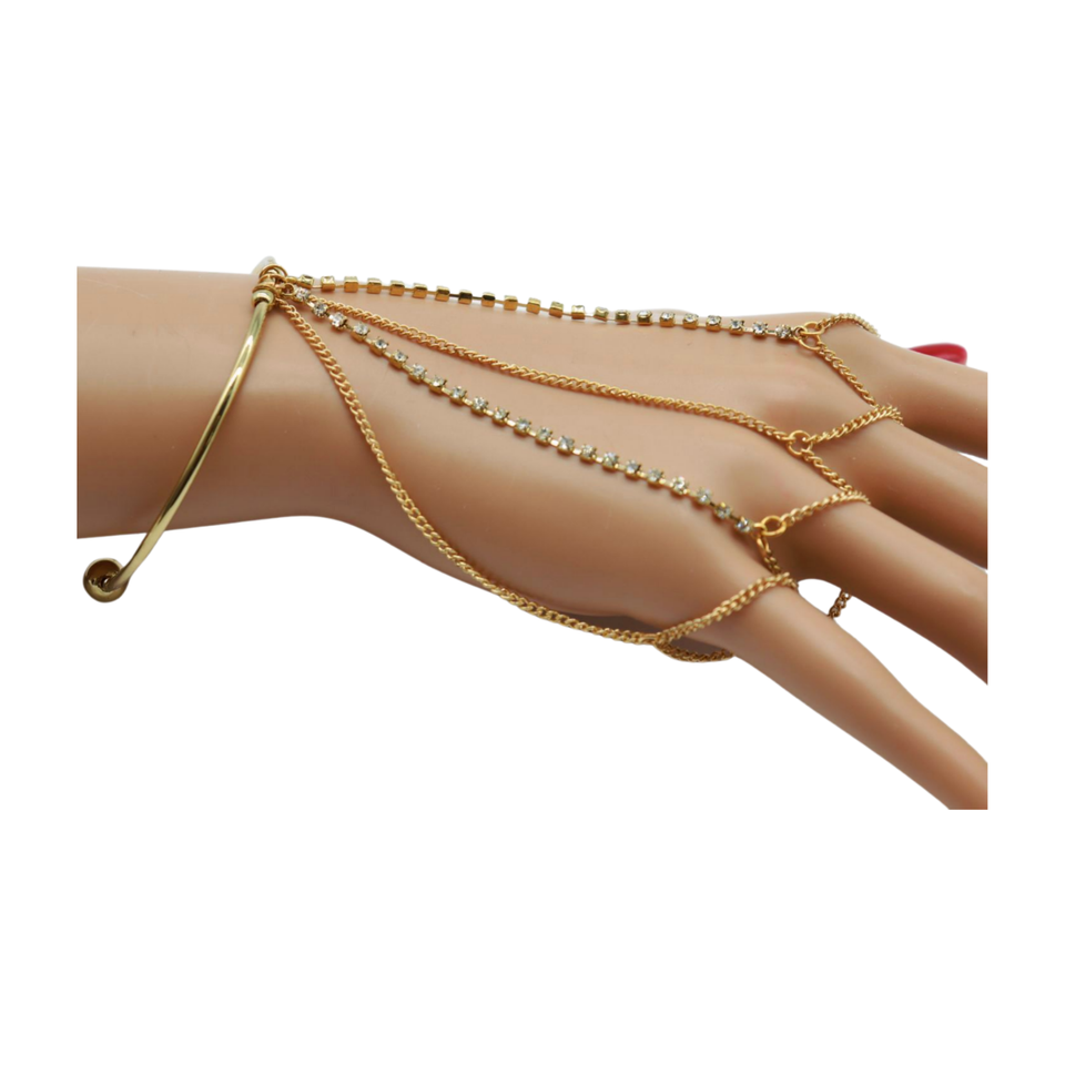 Women Gold Metal Cuff Bracelet Hand Chain Bling Ring 4 Fingers ...
