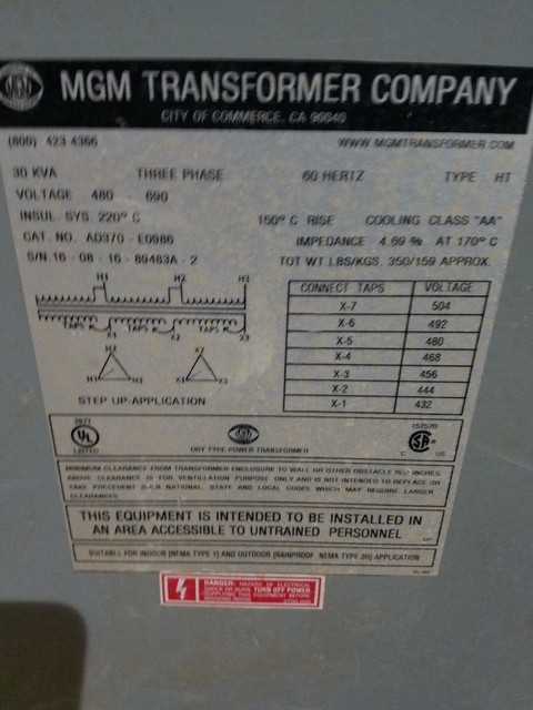 MGM Ad370-e0986 30 KVA 3ph Transformer 480 to 690 Volts Tested for sale ...