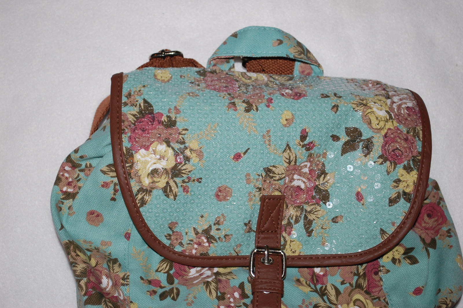 Womens Girls LIGHT TEAL CANVAS BACKPACK Beige & Dusty Pink Floral Print ...