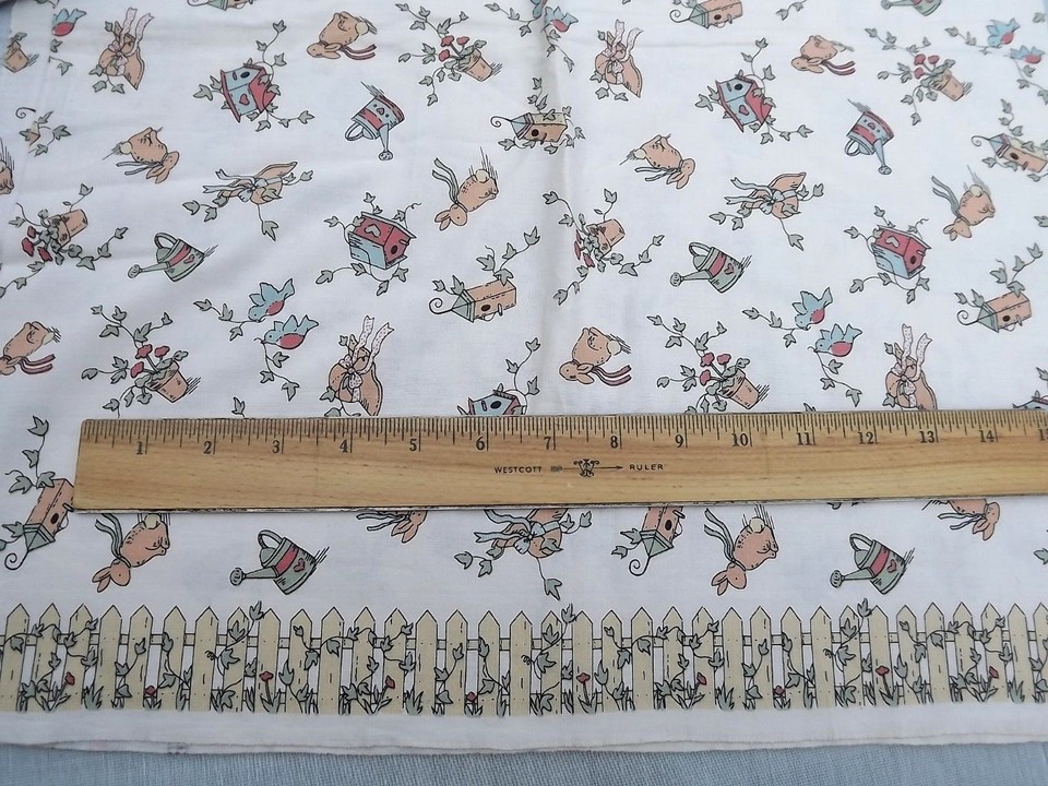 Fabric Picket Fence Double Border Print Birdhouses Rabbits Hats Yardage ...