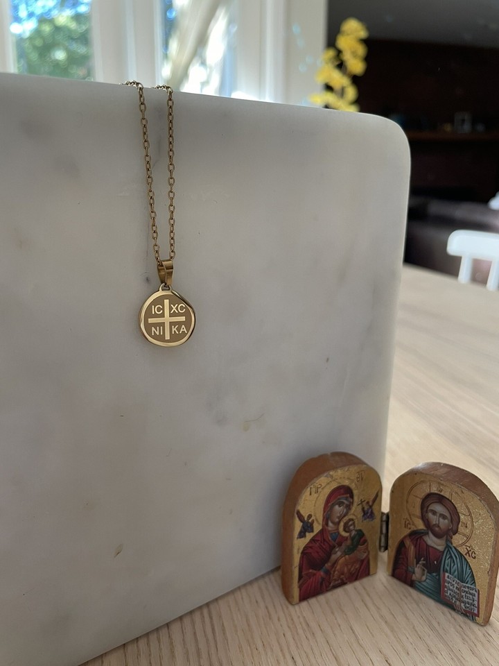 18K Gold Plated Stainless Steel IC XC NI KA Orthodox Greek Cross Coin ...