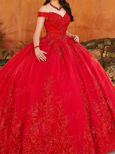 Red Ball Gown Applique Quinceanera Dresses Lace Basque Cocktail ...