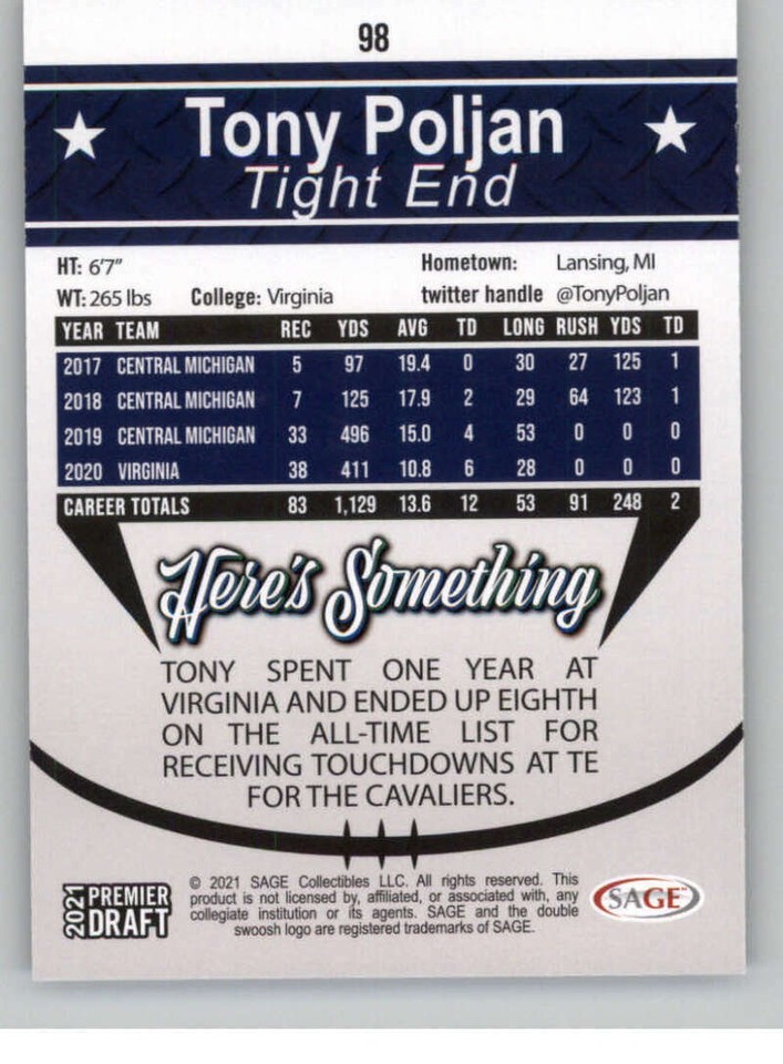 TONY POLJAN RC 2021 SAGE Hit Premier Draft #98 ROOKIE ID:24238 | eBay