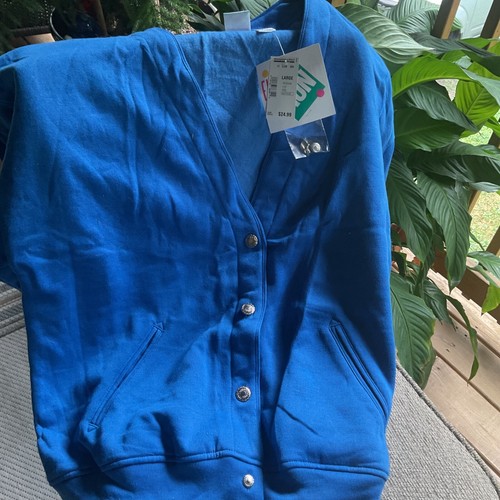 Vintage FIRST RUN Button Up Sweatshirt Adult LARGE Blue SHOULDER PADS ...