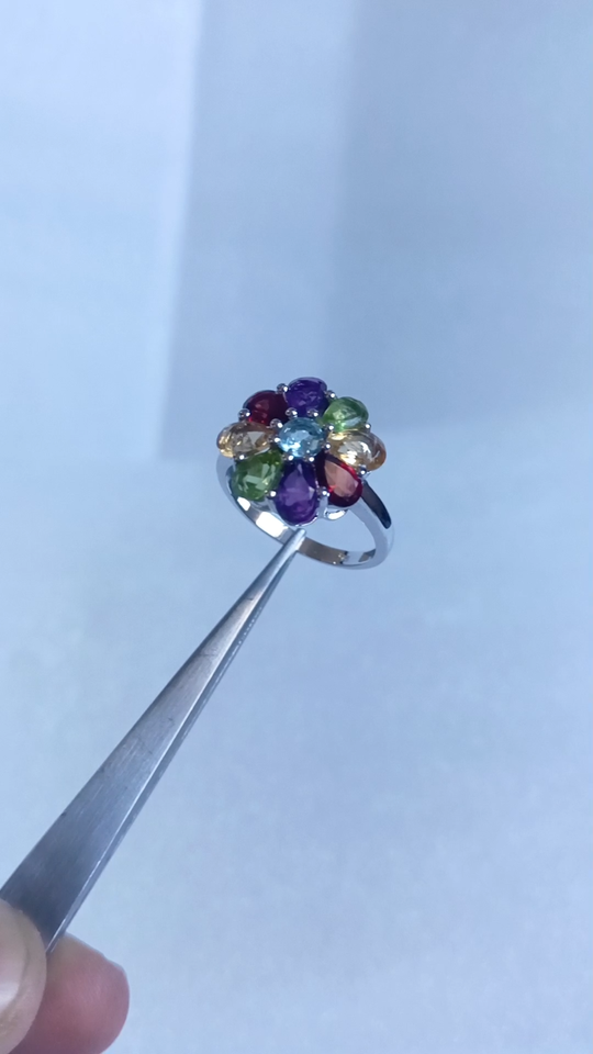 Natural Multi Gemstone Cluster Flower Ring 925 Sterling Silver Handmade ...