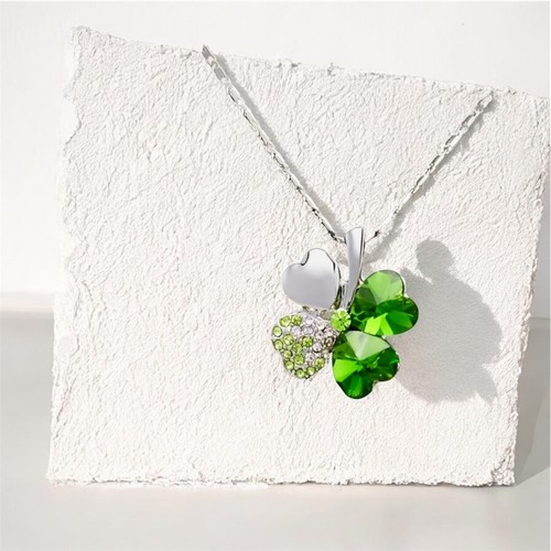 Lucky Clover Necklace - Green Crystal Four Leaf Clover Pendant - Silver ...