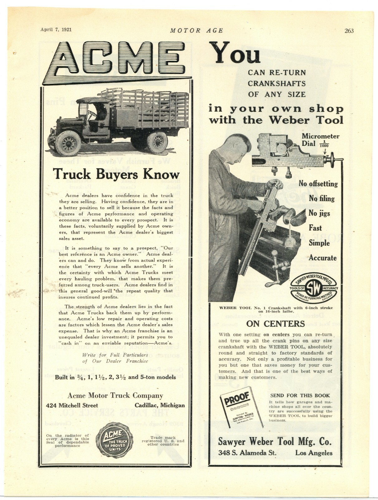 1921 ACME Motor Truck Company Ad: "Truck Drivers KNOW" Cadillac ...