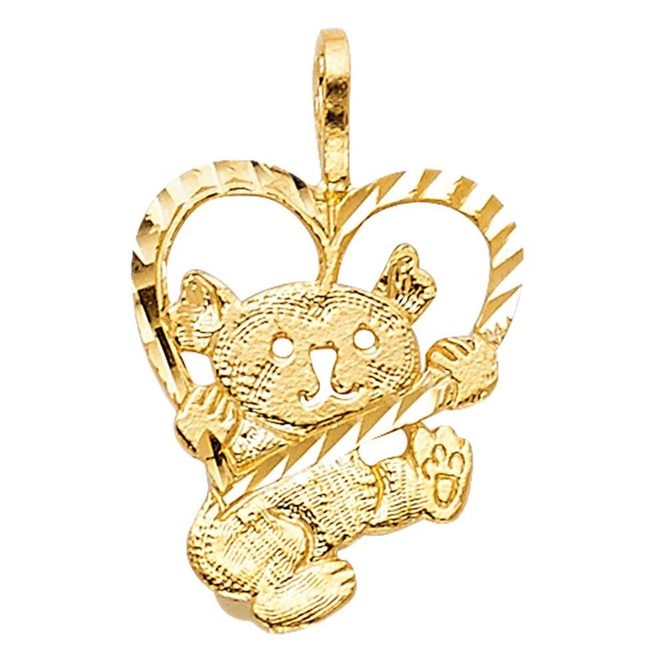 14K Yellow Gold Bear & Heart Charm Pendant & 1.8mm Singapore Chain ...