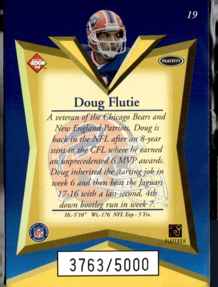 1998 Collectors Edge Doug Flutie Bills Silver Foil Serial #3763/5000 ...
