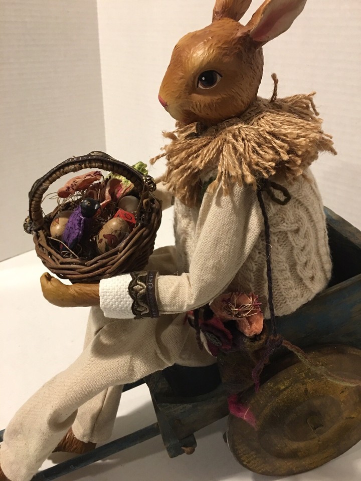 OOAK Primitive Easter Folk Art Rabbit Doll in Wooden Cart | eBay