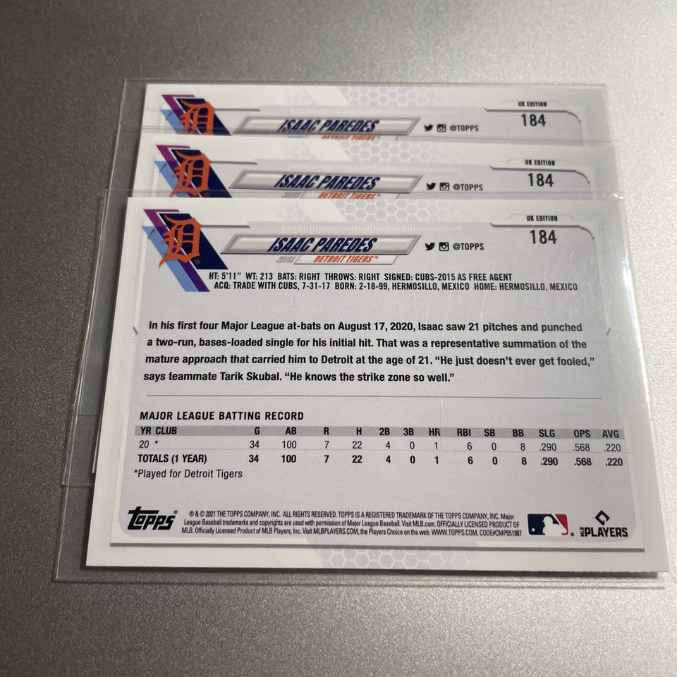 2021 Topps UK Edition Baseball Isaac Paredes RC Rookie #184! 3-CARD LOT ...
