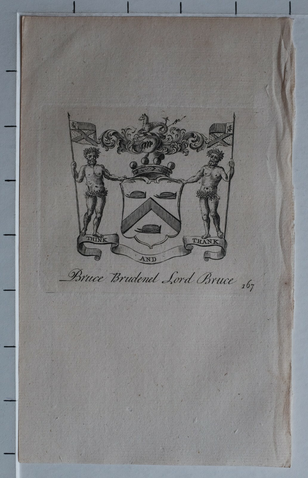1756 ANTIQUE PRINT FAMILY CREST COAT OF ARMS BRUCE BRUDENEL LORD BRUCE ...