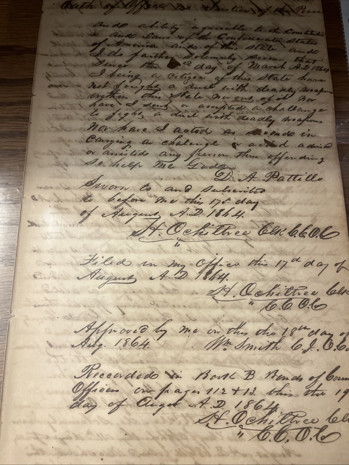 Handwritten Legal Document Oath Of Office Lastis Vincent Confederate ...