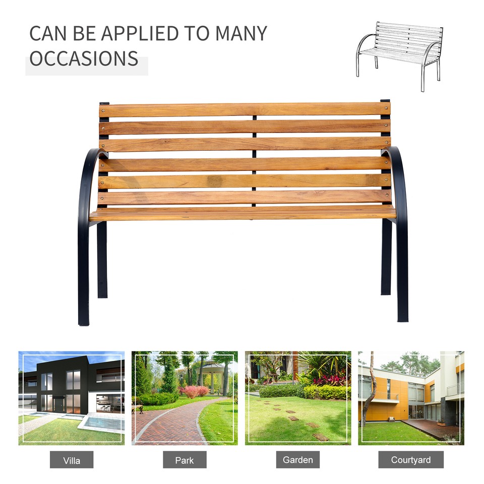 Outsunny 2 Seater Garden Bench Metal Wooden Slatted Seat Backrest Patio ...