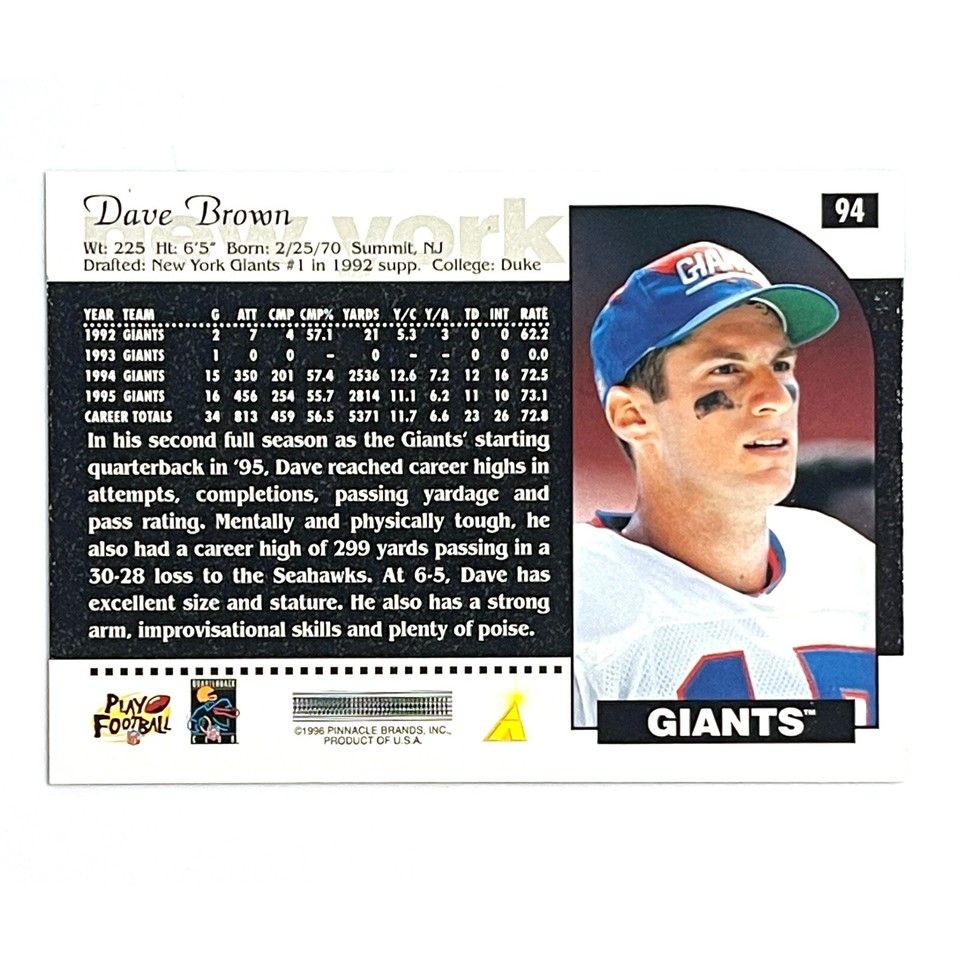 Dave Brown 1996 Score Card #94 New York Giants NFL Football | eBay