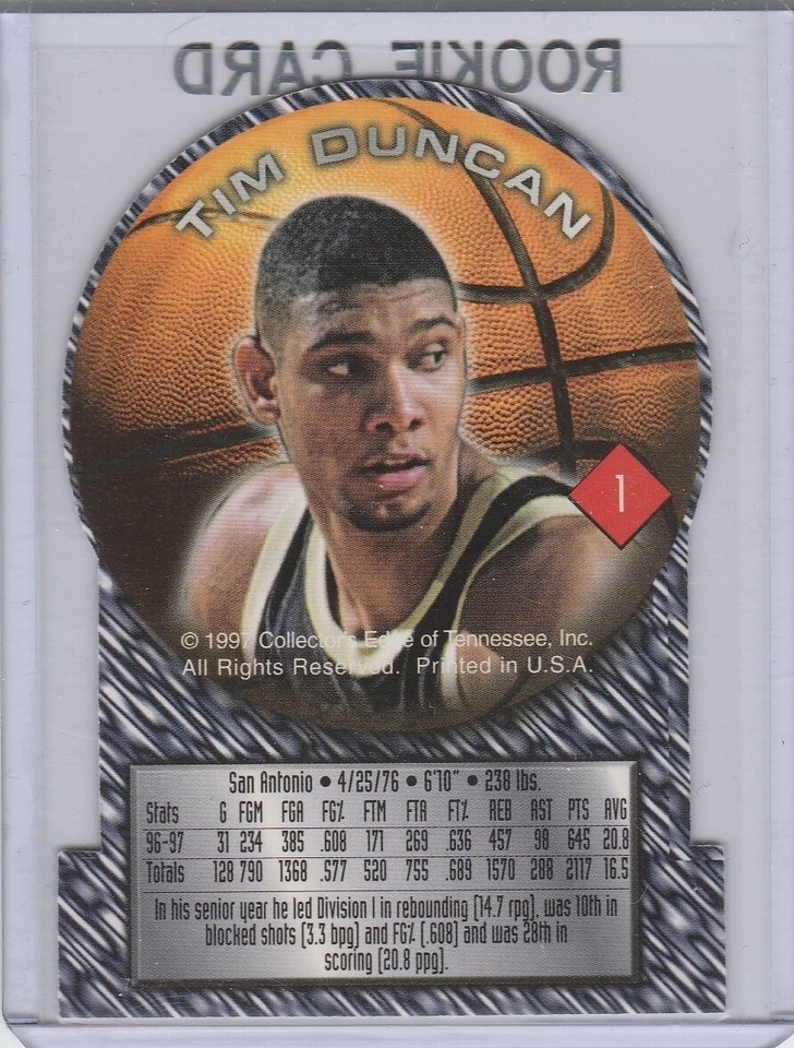 TIM DUNCAN ROOKIE CARD #1 Draft Pick Die-Cut BASKETBALL 1996 RC San ...