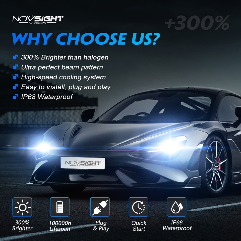 NOVSIGHT H11 LED Headlight Kit High Low Beam 300% Super Bright 6500K ...