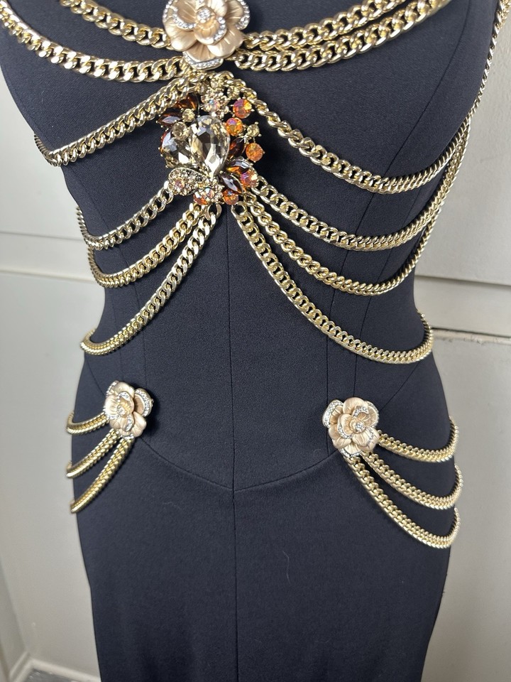 Black Formal Prom Party Dress Gold Chain Detail - Reproduction Lily ...