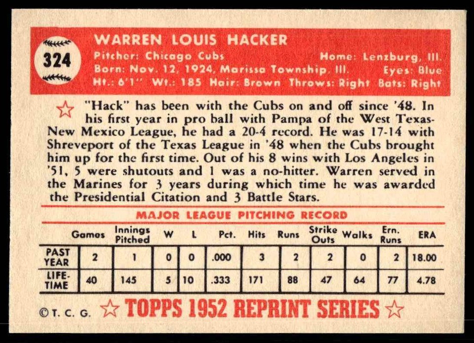 1983 Topps 1952 Reprint Series Warren Hacker Chicago Cubs #324 | eBay