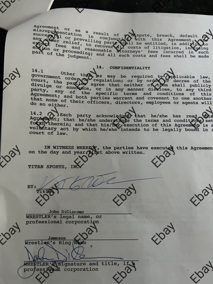 Jameson Winger WWF Contract Autographed Signed by Vince McMahon WWE ...