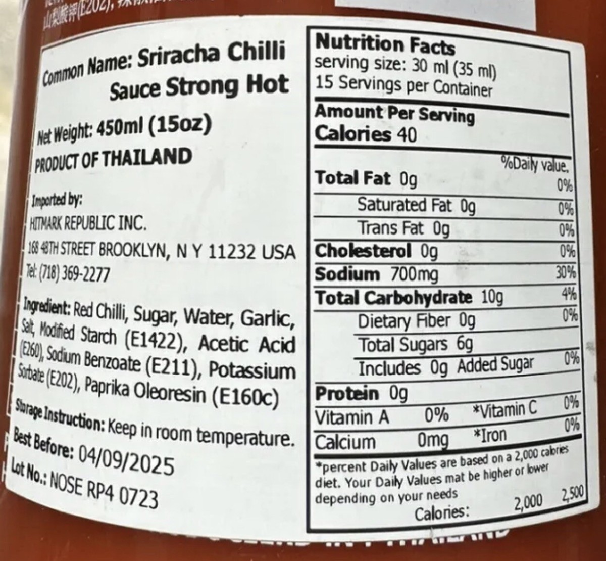 Sriracha Ingredient Label